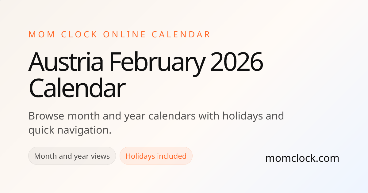 Austria February 2026 Calendar | Mom Clock